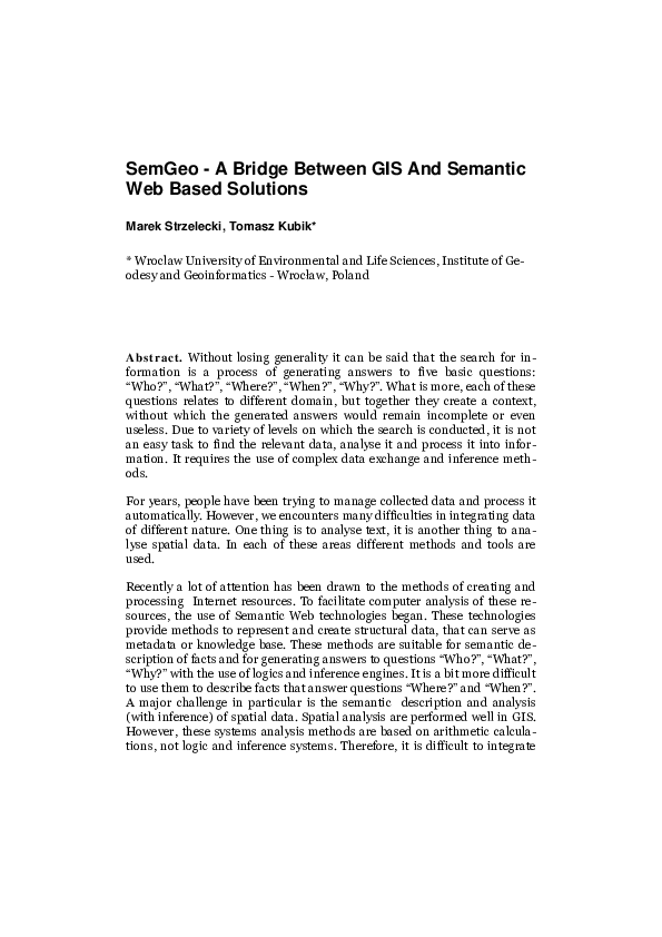 (PDF) SemGeo - a bridge between GIS and Semantic Web based solutions