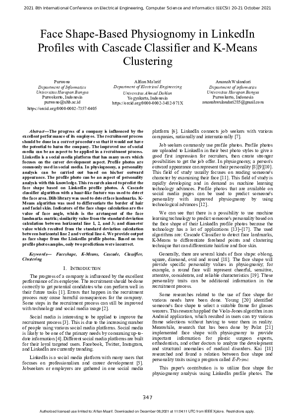 (PDF) Face Shape-Based Physiognomy in LinkedIn Profiles with Cascade Classifier and K-Means ...