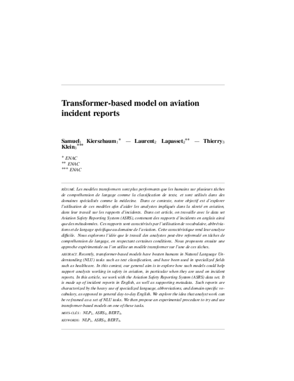 (PDF) Exploring use of transformer based models on incident reports in aviation