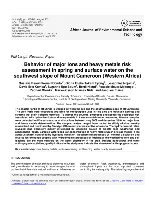 (PDF) Behavior of major ions and heavy metals risk assessment in spring ...