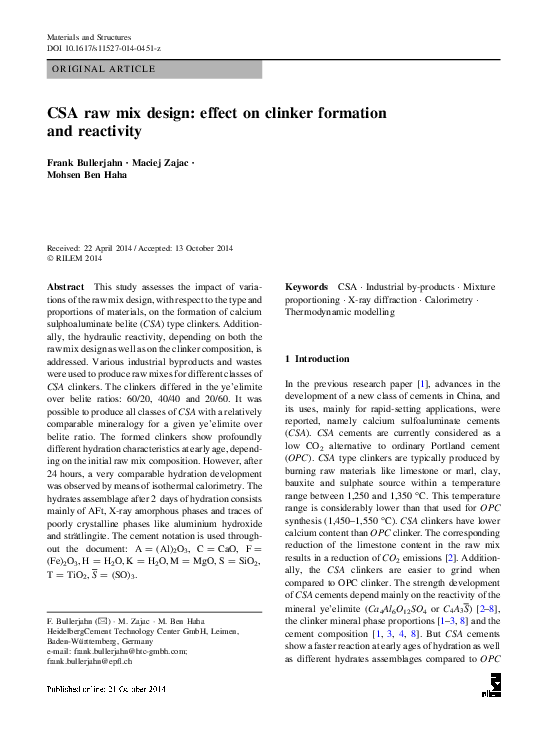 (PDF) CSA raw mix design: effect on clinker formation and reactivity