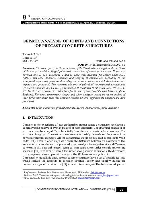 (PDF) Seismic Analysis of Joints and Connections of Precast Concrete Structures