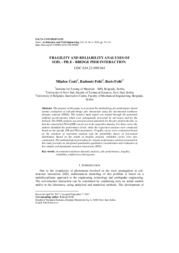 (PDF) Fragility and reliability analyses of soil - pile - bridge pier interaction | Radomir ...