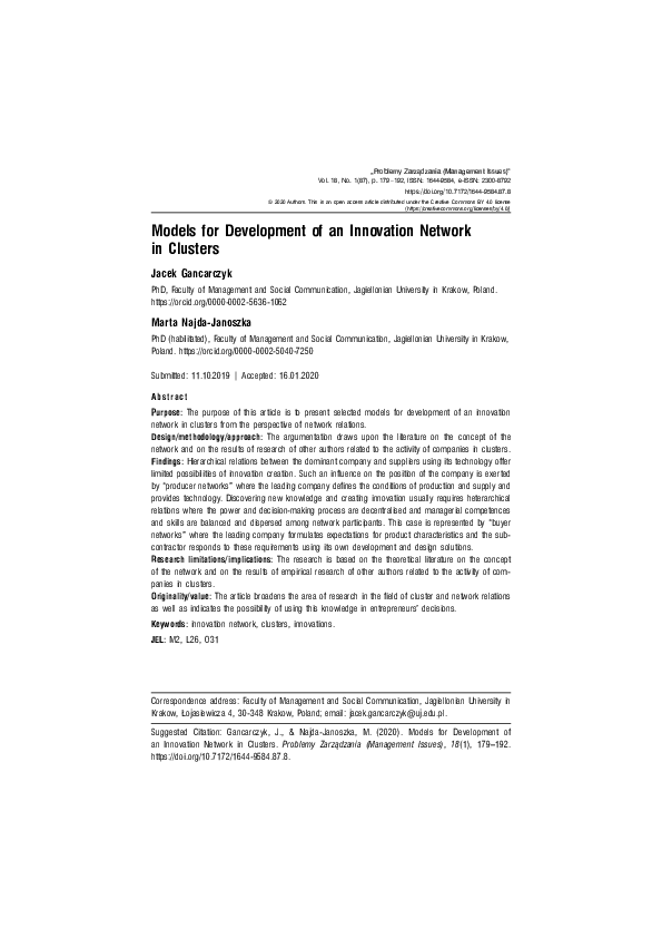 (PDF) Models for Development of an Innovation Network in Clusters