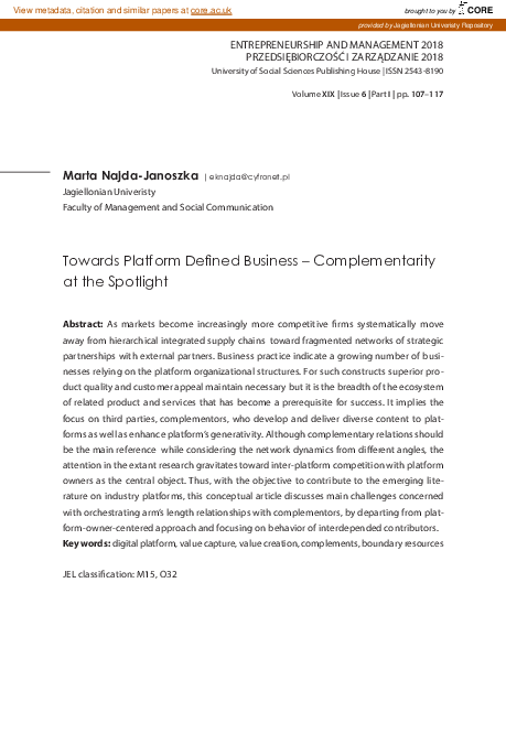 (PDF) Towards Platform Defined Business – Complementarity at the ...