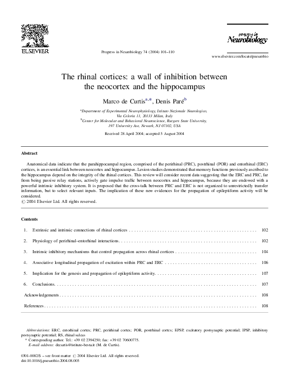 (PDF) The rhinal cortices: a wall of inhibition between the neocortex ...