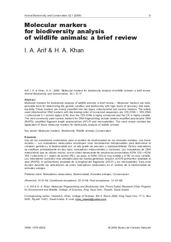 (PDF) Molecular markers for biodiversity analysis of wildlife animals ...