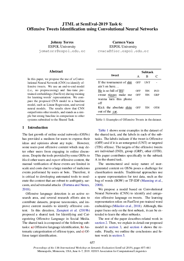 Pdf Jtml At Semeval 2019 Task 6 Offensive Tweets Identification Using Convolutional Neural