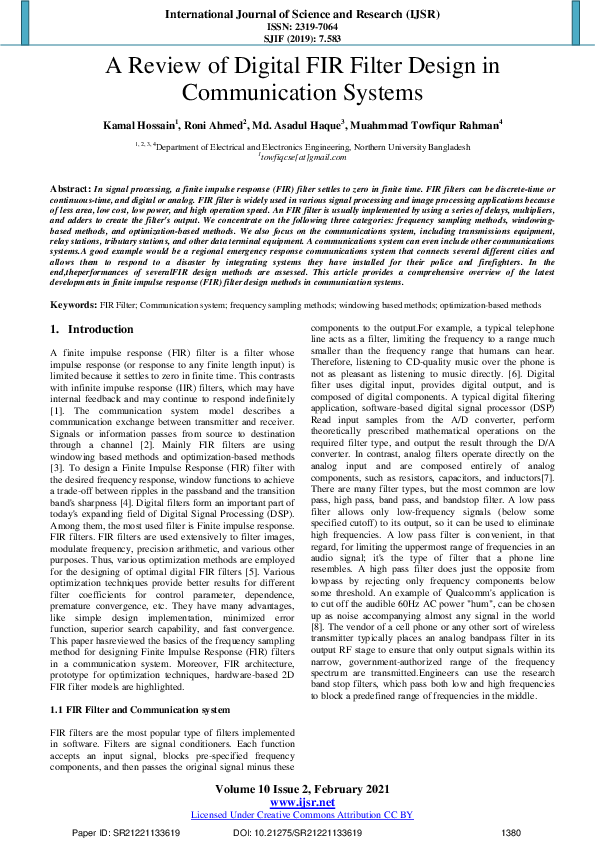 (PDF) A Review of Digital FIR Filter Design in Communication Systems
