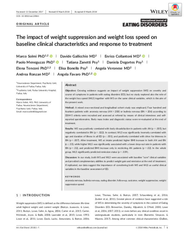 (PDF) The impact of weight suppression and weight loss speed on ...