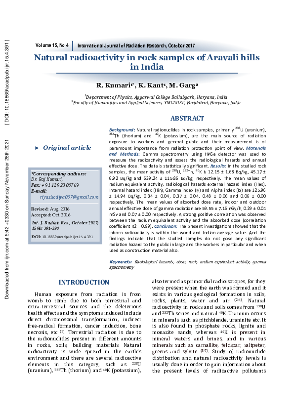 (PDF) Natural radioactivity in rock samples of Aravali hills in India