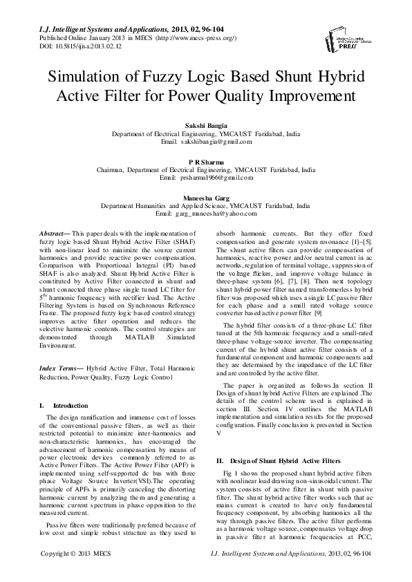 (PDF) Simulation of Fuzzy Logic Based Shunt Hybrid Active Filter for Power Quality Improvement