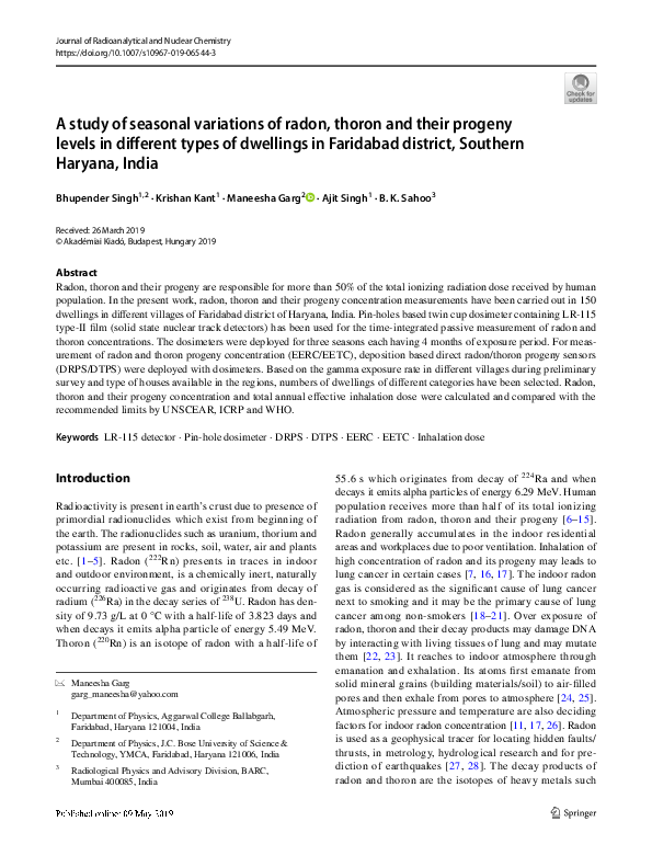 (PDF) A study of seasonal variations of radon, thoron and their progeny ...
