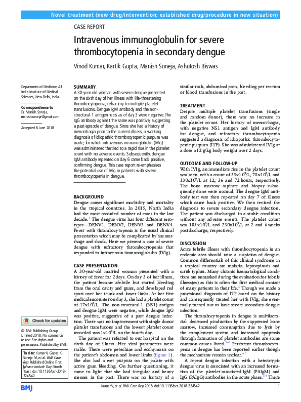 (PDF) Intravenous immunoglobulin for severe thrombocytopenia in secondary dengue