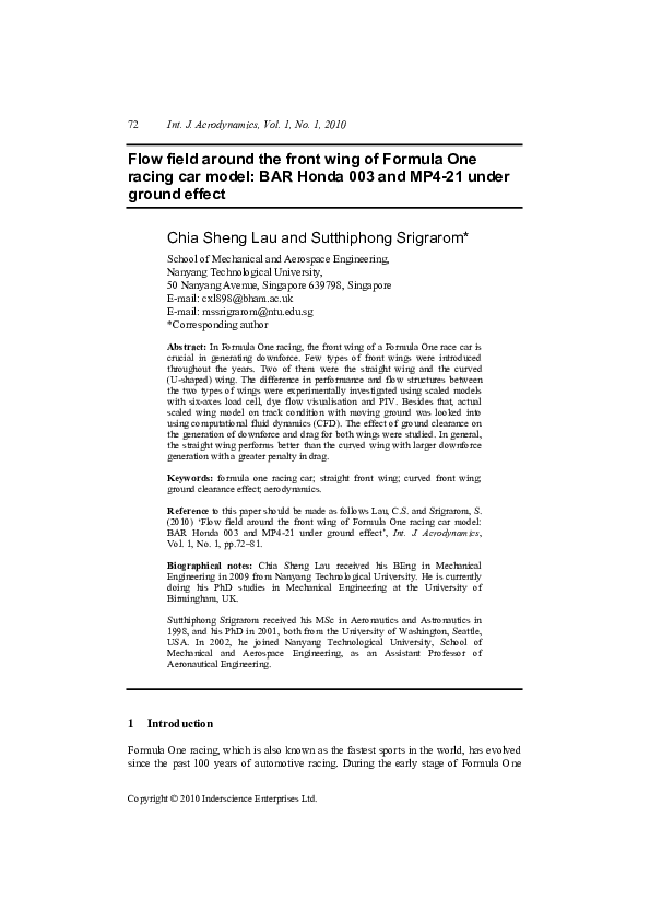 (PDF) Flow field around the front wing of Formula One racing car model ...