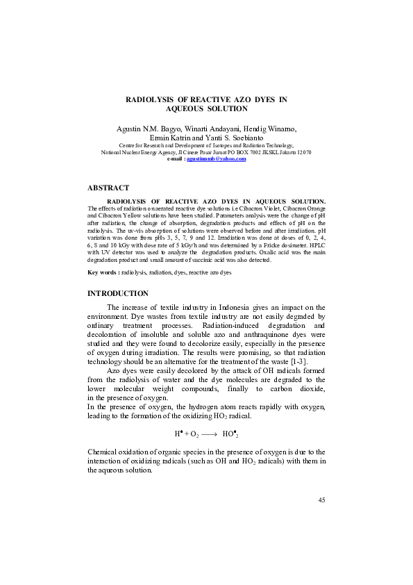 (PDF) Radiolysis of Reactive Azo Dyes in Aqueous Solution