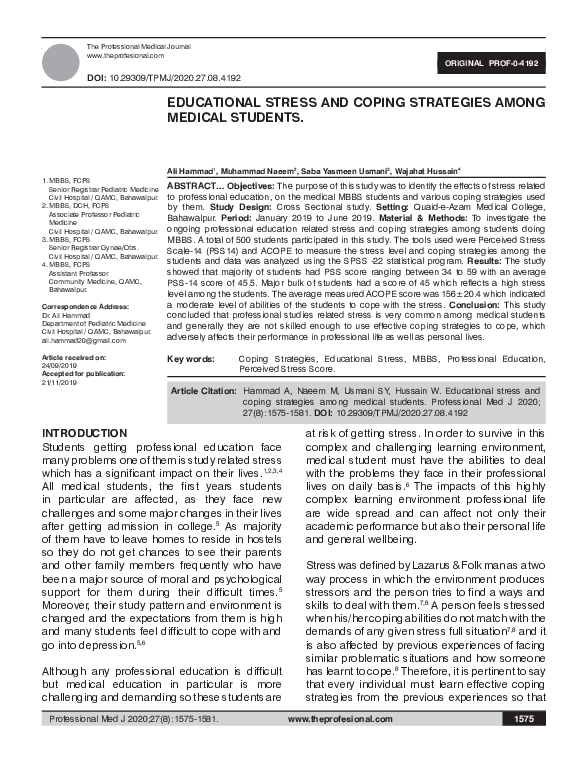 (PDF) Educational stress and coping strategies among medical students