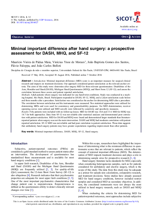 (PDF) Minimal important difference after hand surgery: a prospective ...