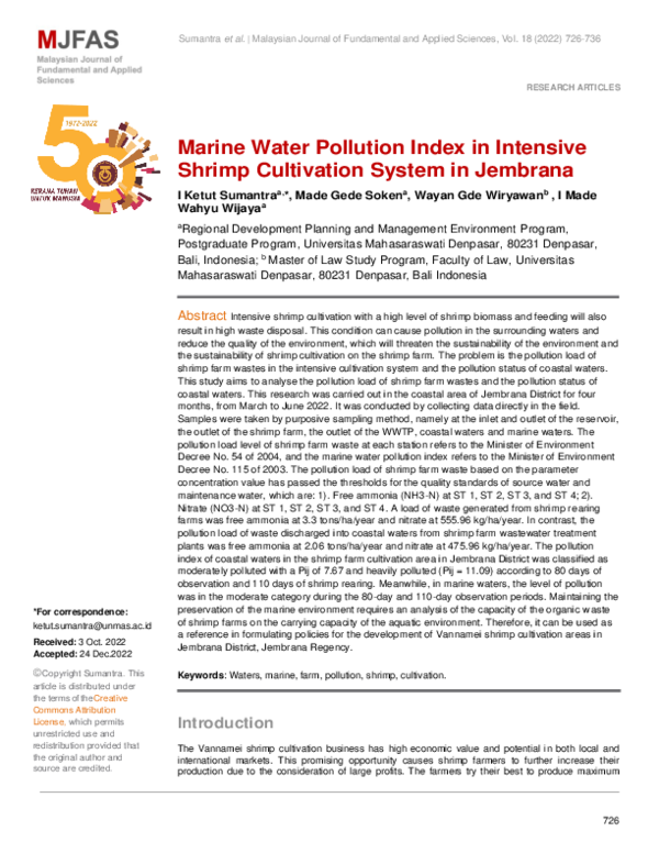 (PDF) Marine Water Pollution Index in Intensive Shrimp Cultivation System in Jembrana