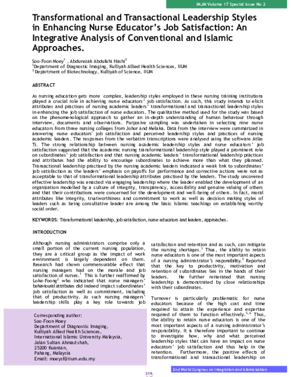 (PDF) Transformational and Transactional Leadership Styles in Enhancing Nurse Educator’s Job ...