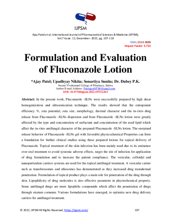 (PDF) Formulation and Evaluation of Fluconazole Lotion | IJPSM Journal - Academia.edu