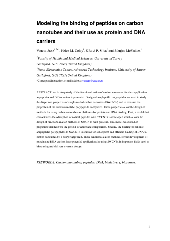 (PDF) Modeling the binding of peptides on carbon nanotubes and their use as protein and DNA carriers