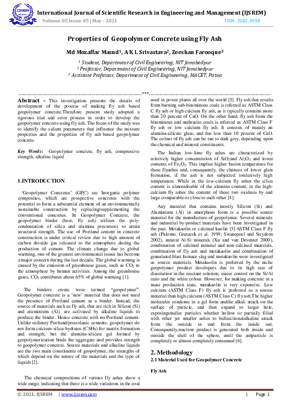 (PDF) Properties of Geopolymer Concrete using Fly Ash