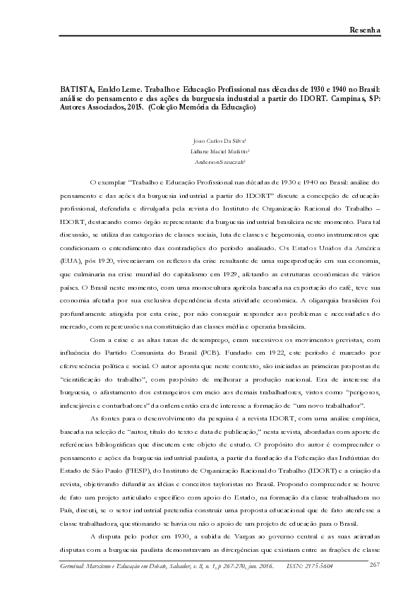 (PDF) Trabalho e Educação Profissional Nas Décadas De 1930 e 1940 No ...