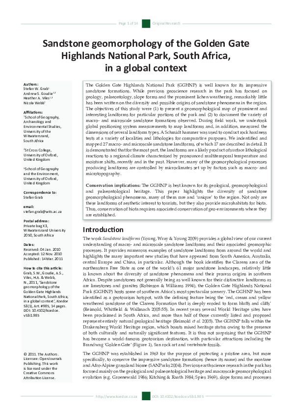 (PDF) Sandstone geomorphology of the golden gate highlands national ...