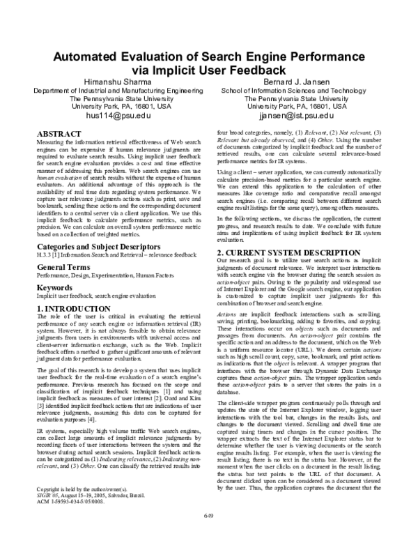 Pdf Automated Evaluation Of Search Engine Performance Via Implicit User Feedback Himanshu
