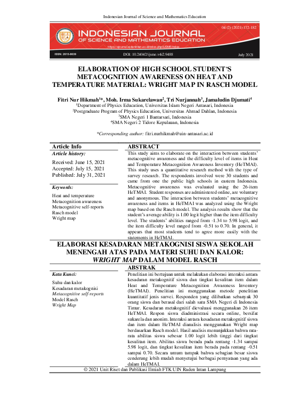 (PDF) Elaboration of High School Student’s Metacognition Awareness on ...