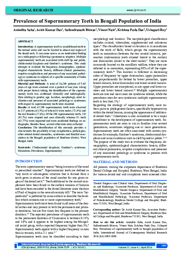 (PDF) Prevalence of Supernumerary Teeth in Bengali Population of India ...