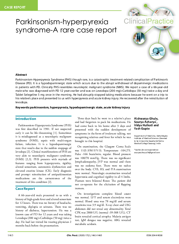 (PDF) Parkinsonism-hyperpyrexia syndrome-A rare case report