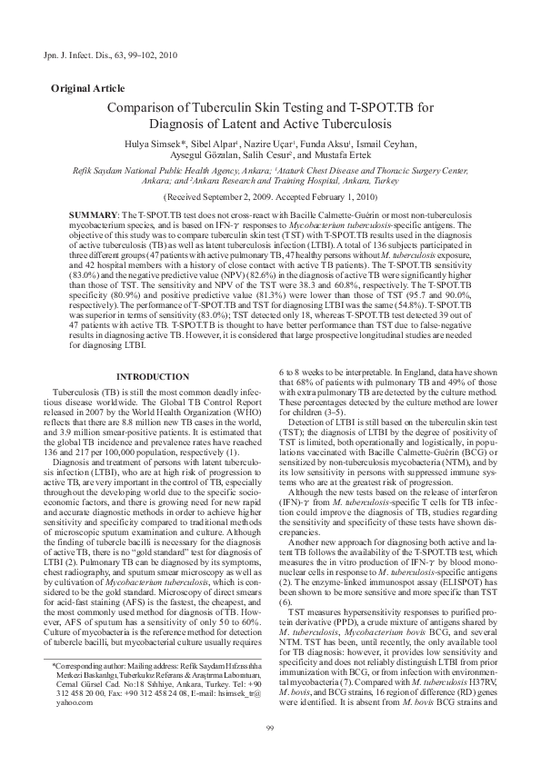 (PDF) T-SPOT. TB assay and tuberculin skin test for diagnosis and ...