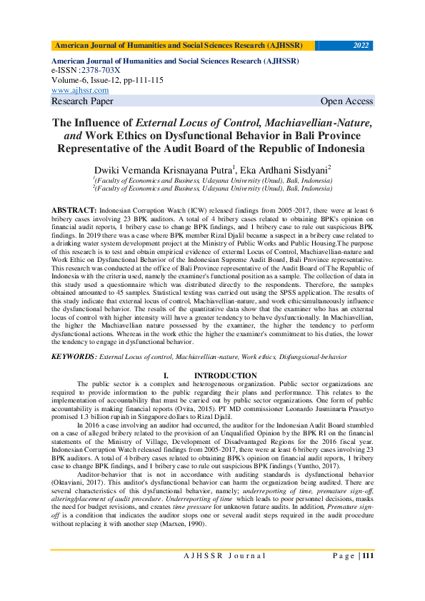 (PDF) The Influence of External Locus of Control, Machiavellian-Nature ...