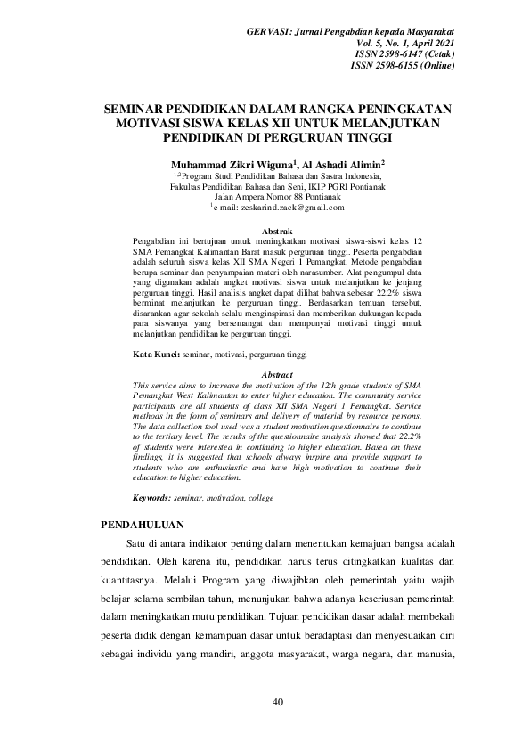 (PDF) Seminar Pendidikan dalam Rangka Peningkatan Motivasi Siswa Kelas XII untuk Melanjutkan ...