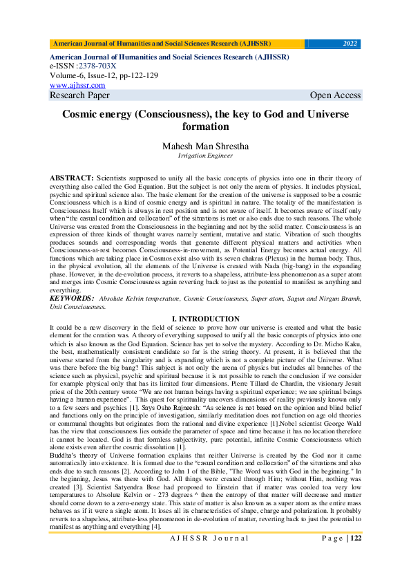 (PDF) Cosmic energy (Consciousness), the key to God and Universe formation