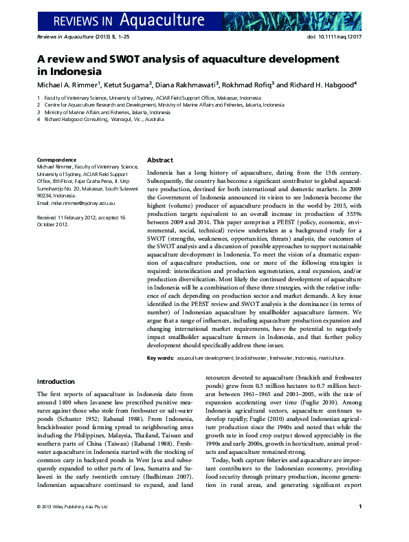 (PDF) A review and SWOT analysis of aquaculture development in Indonesia