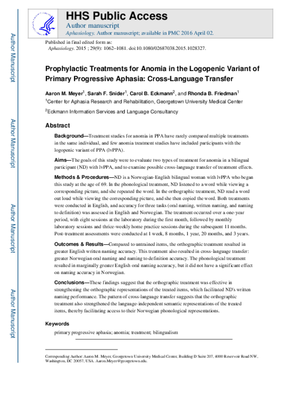 (PDF) Prophylactic treatments for anomia in the logopenic variant of ...