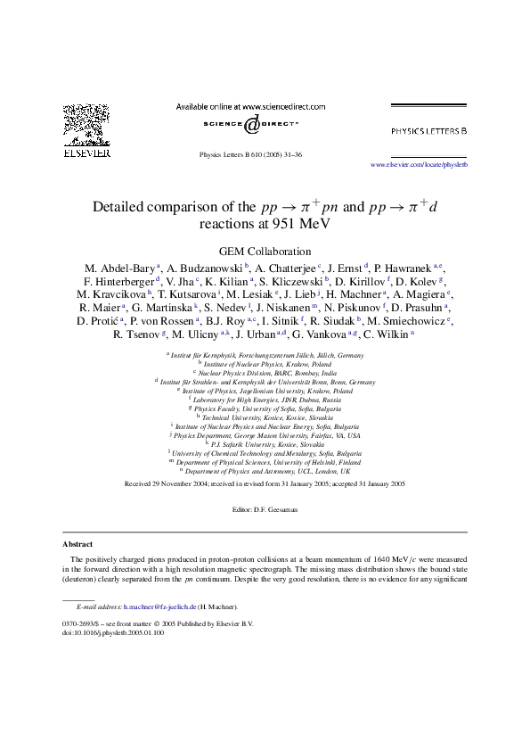 (PDF) Detailed comparison of the pp→π+pn and pp→π+d reactions at 951 MeV