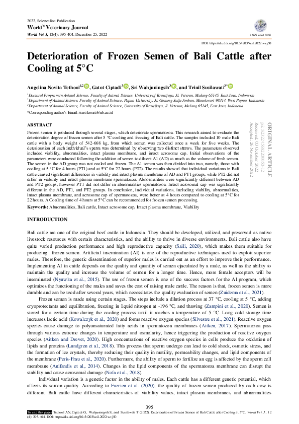 (PDF) Deterioration of Frozen Semen of Bali Cattle after Cooling at 5°C