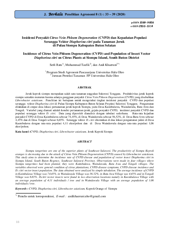 (PDF) Insidensi Penyakit Citrus Vein Phloem Degeneration (CVPD) dan ...