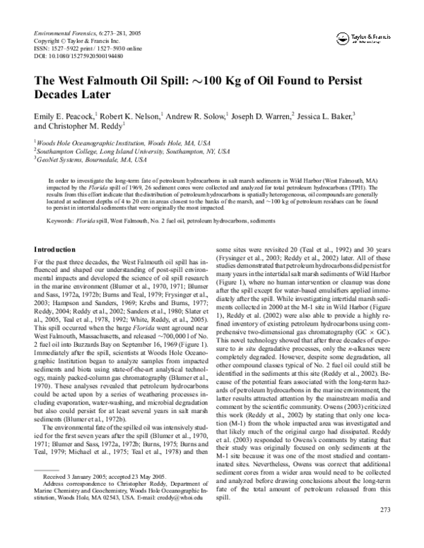 (PDF) The West Falmouth Oil Spill: ∼100 Kg of Oil Found to Persist ...