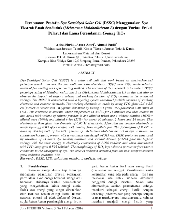 (PDF) Pembuatan Prototip Dye Sensitized Solar Cell (DSSC) Berbasis Zat ...