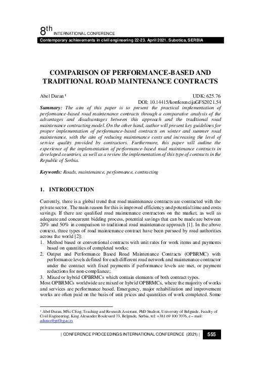 (PDF) Comparison of Performance-Based and Traditional Road Maintenance Contracts