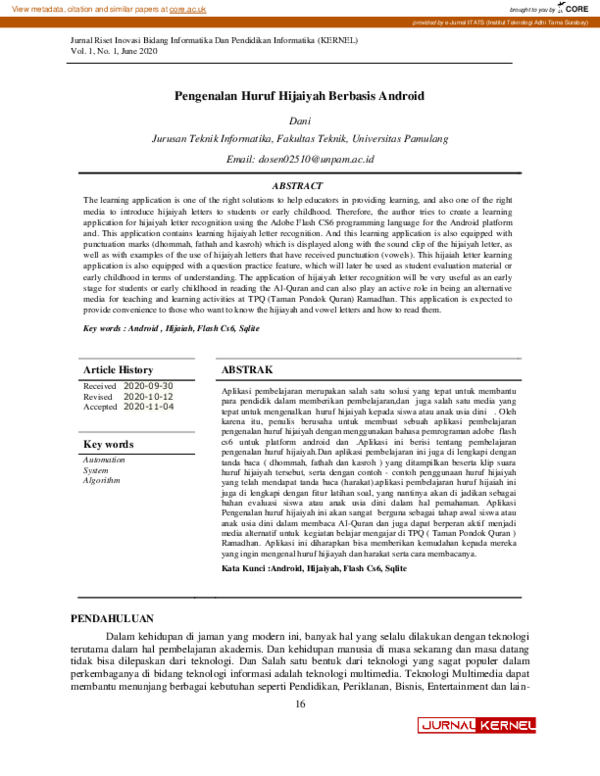 (PDF) Pengenalan Huruf Hijaiah Berbasis Android