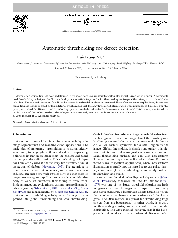 Pdf Automatic Thresholding For Defect Detection 5464