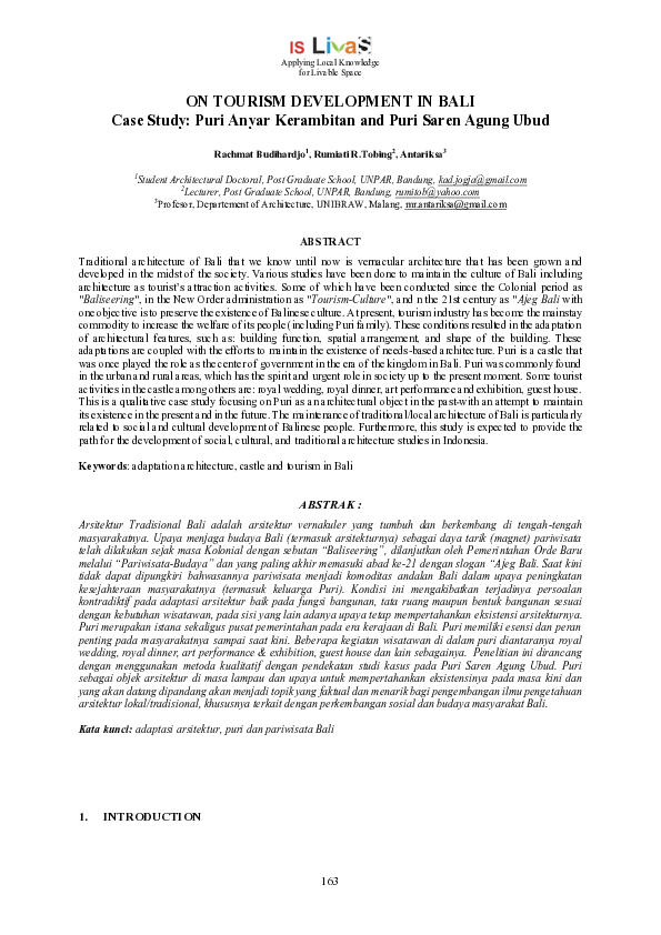 (PDF) Applying Local Knowledge for Livable Space ON TOURISM DEVELOPMENT IN BALI Case Study: Puri ...