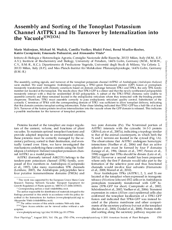 (PDF) Assembly and Sorting of the Tonoplast Potassium Channel AtTPK1 ...