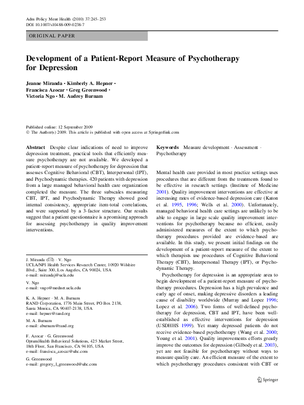 (PDF) Development of a Patient-Report Measure of Psychotherapy for ...